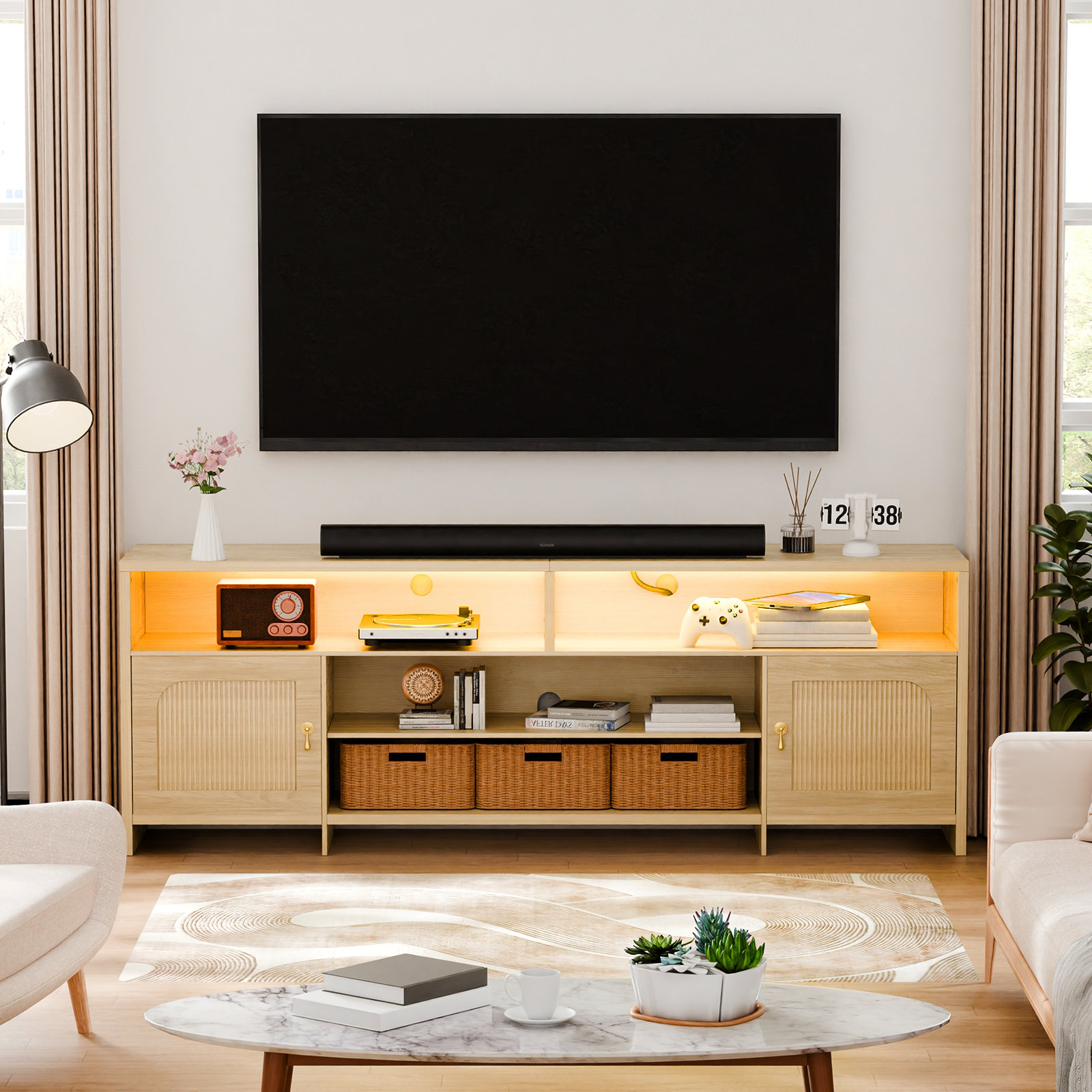 Wrought Studio™ 70.1“ W Modern Fluted TV Stand For TVs Up To 80" With LED Light And Charging ...